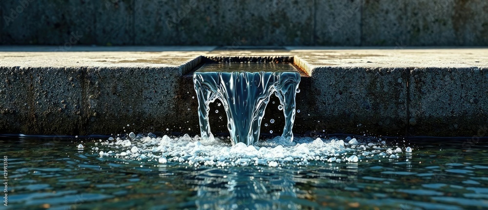 Water flowing down a downspout onto a concrete splash block, rain ...