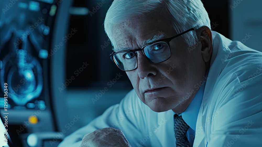 Experienced neurologist interpreting MRI brain images with a focused ...