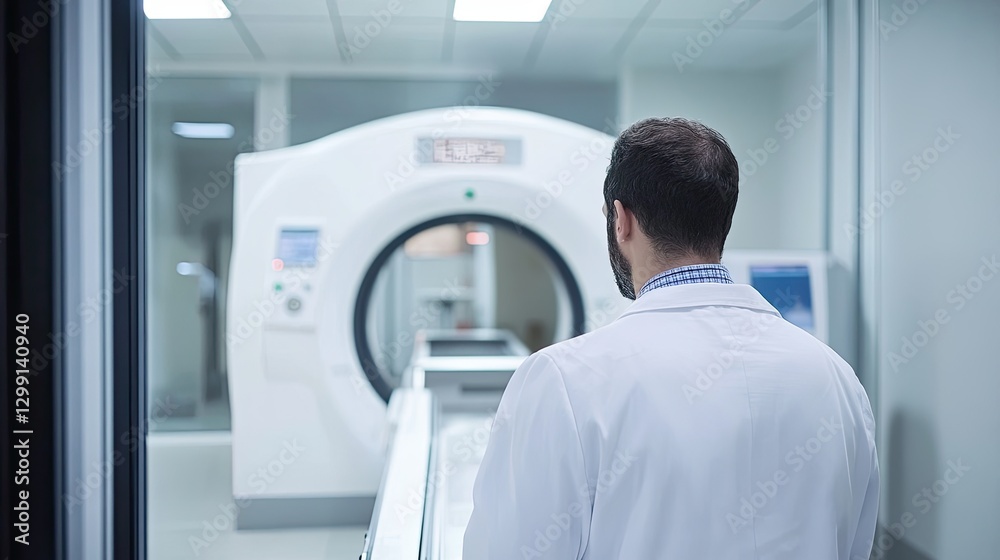 Radiologist in a white lab coat observing an MRI scan in progress ...
