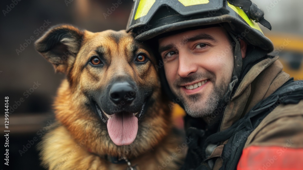 Firefighter smiling with german shepherd dog after rescue operation ...