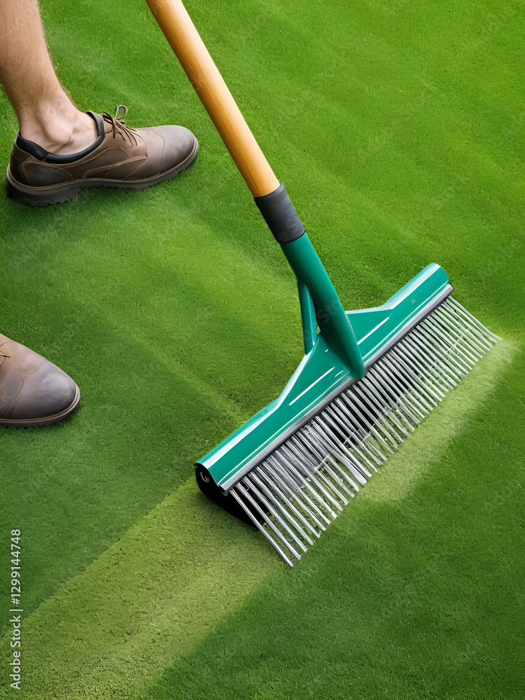 Scarifying or raking a lawn with a grass rake to remove dead thatch ...