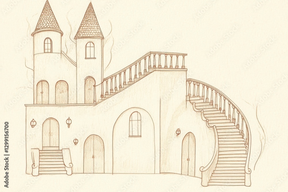 Sepia Drawing Of Medieval Castle With Towers And Winding Staircase ...
