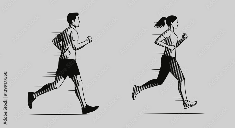 Running man and woman, isolated vector silhouettes. Run, side view ...