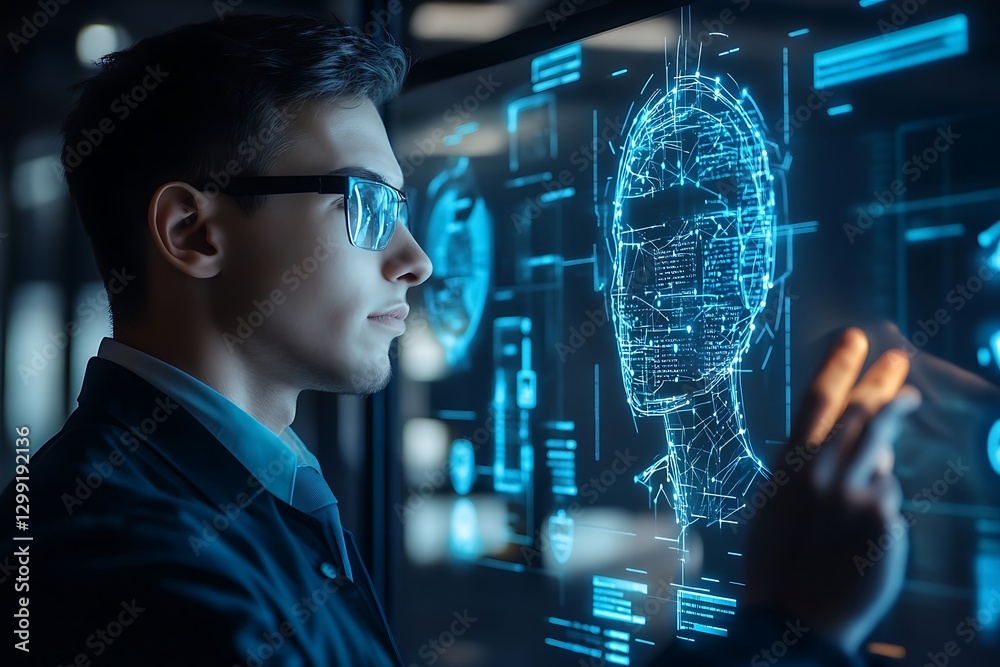 Businessman Utilizing AI-powered Technology for Data Analysis, KPI Dashboards, and Digital Task ...