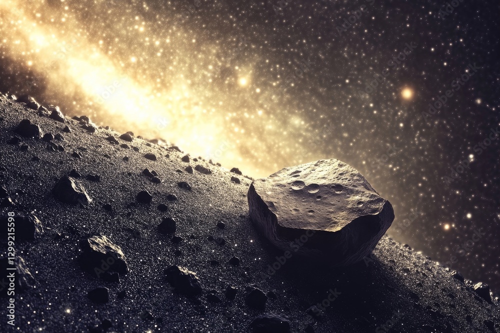 an asteroid belt showing a multitude of asteroids clustered together, surrounded by the vast ...
