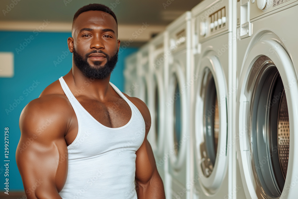 Strong man using washing machines in a self-service laundry. Young ...
