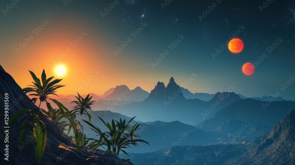 planet with two suns, gleaming over majestic mountain ranges with some ...