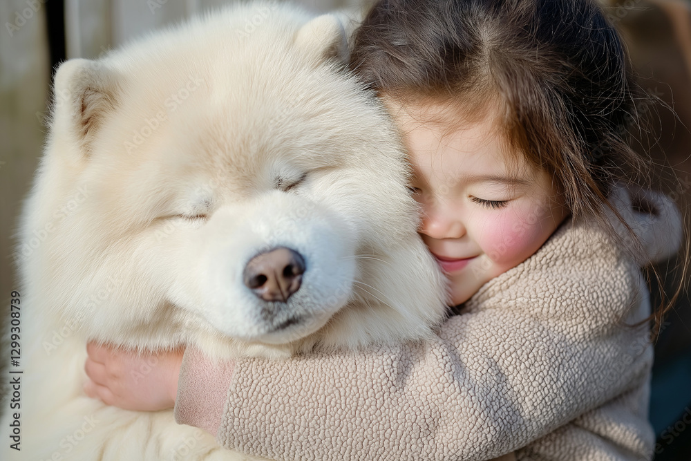 A young child hugging a fluffy dog, expressing love and tenderness in a ...