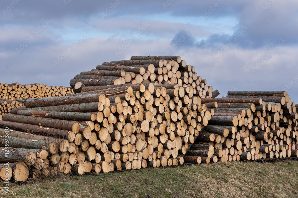 Large Stack of Cut Logs in Timber Yard Under Cloudy Sky. Deforestation ...