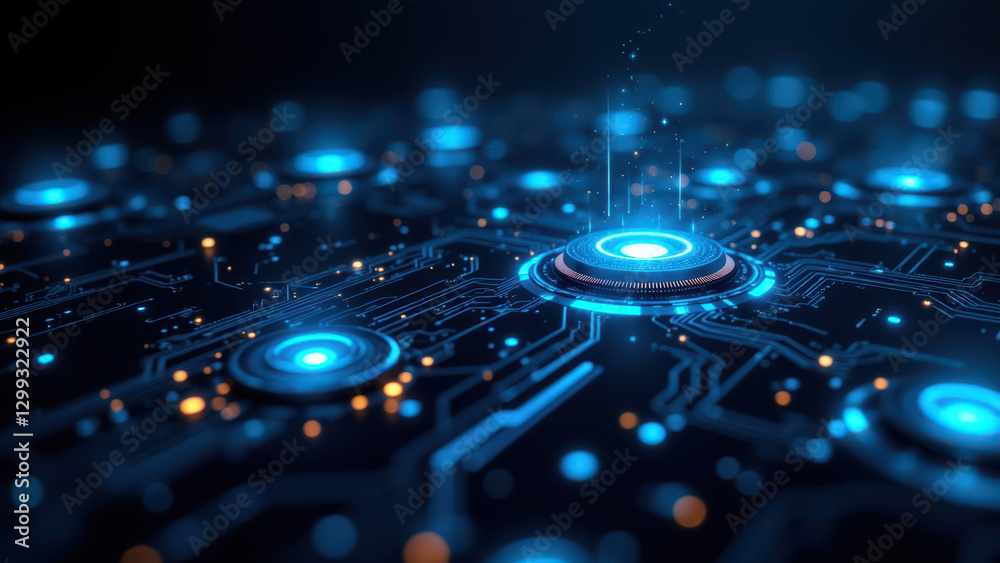 This futuristic digital image depicts a network of interconnected nodes ...