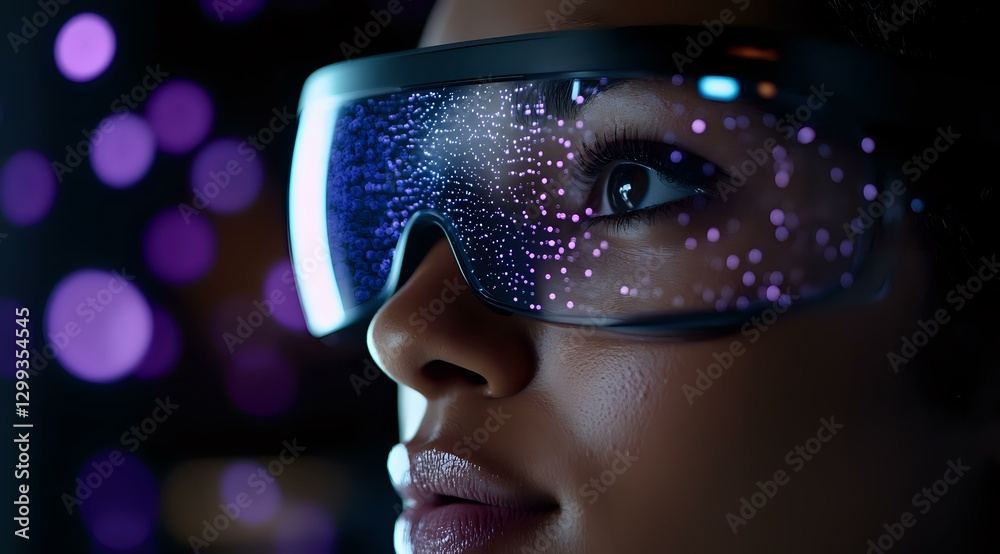 Young woman wearing futuristic visor glasses with digital particles and ...