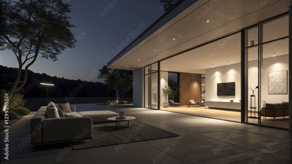 Nighttime Modern Villa Exterior Design Sofa, Glass Walls, Outdoor ...