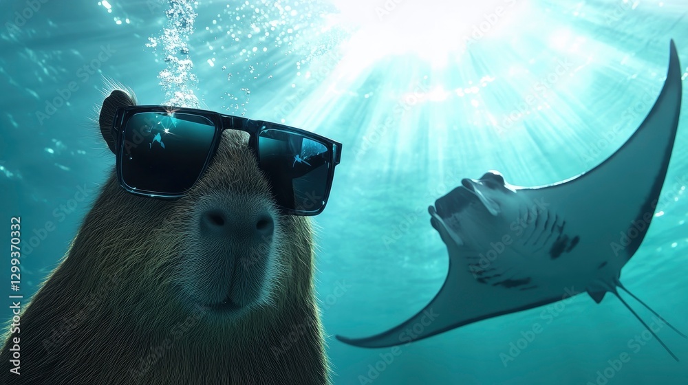 Capybara swimming with manta ray underwater adventure animal Stock ...