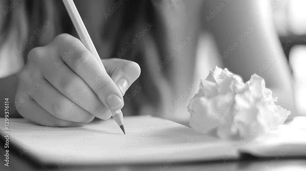 School stress shown in black and white with hands writing and crumpled ...