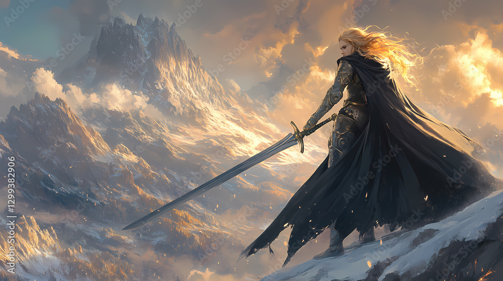 Wallpaper of a female swordsman wearing a cape and holding a sword ...