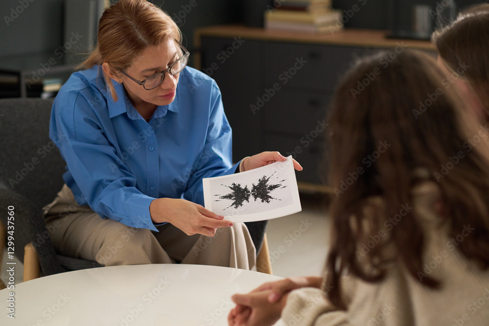 Portrait of female therapist holding inkblot test card in consultation ...