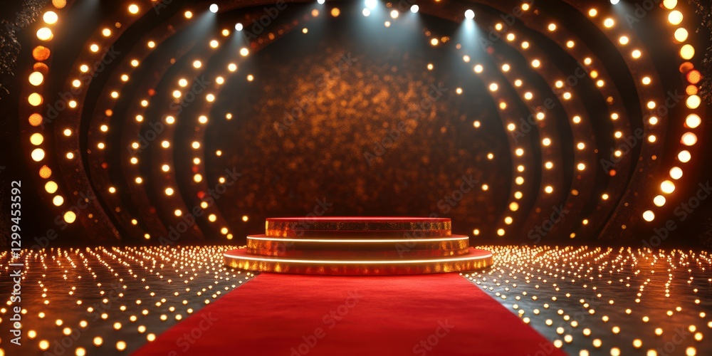 Illuminated stage with circular lights and red carpet for an awards ...