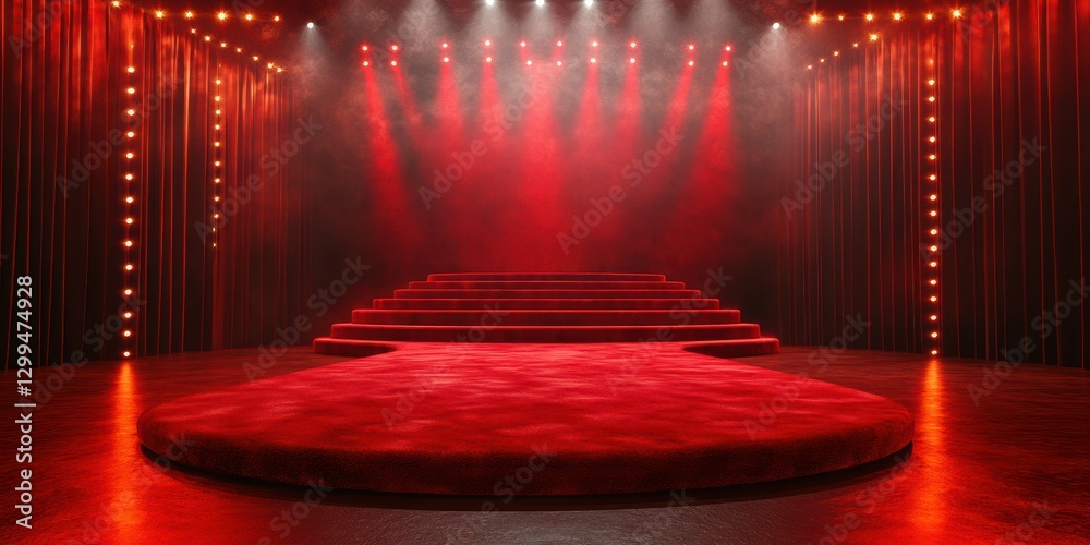 Dramatic red-lit stage with steps and spotlight for performance in an ...