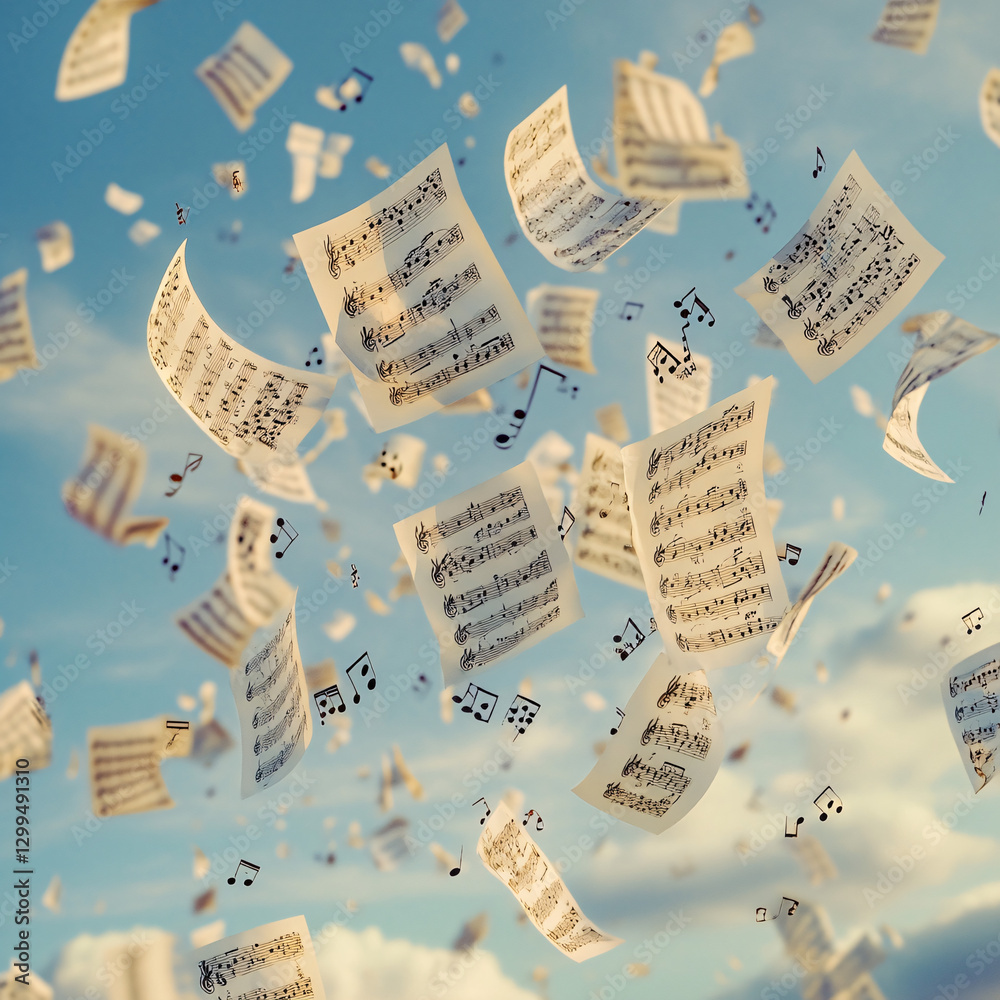 Sheets of music float against a sky backdrop. Musical notations are ...