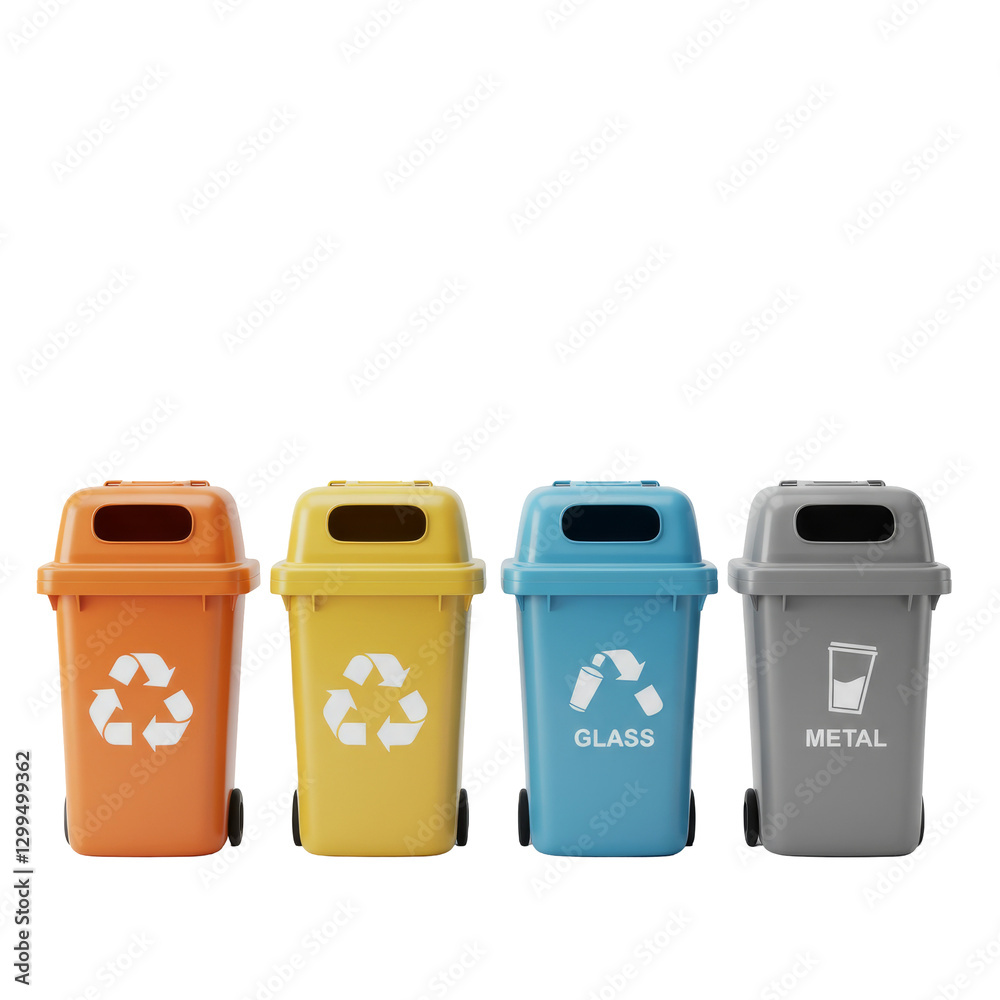 yellow, green, blue and red recycle bins with recycle symbol isolated on transparent background ...