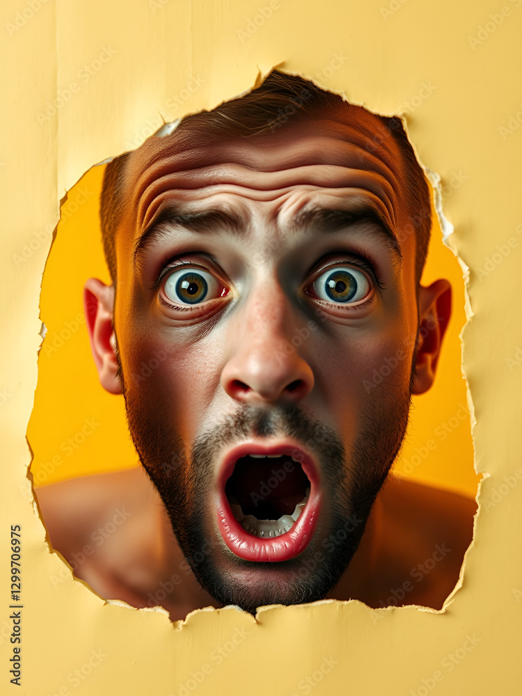 Astonished unshaven man has stupefied expression, peeks through torn ...