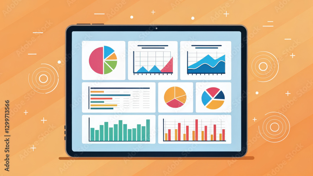 giant tablet screen displaying various types of data visualizations, including pie charts, bar ...