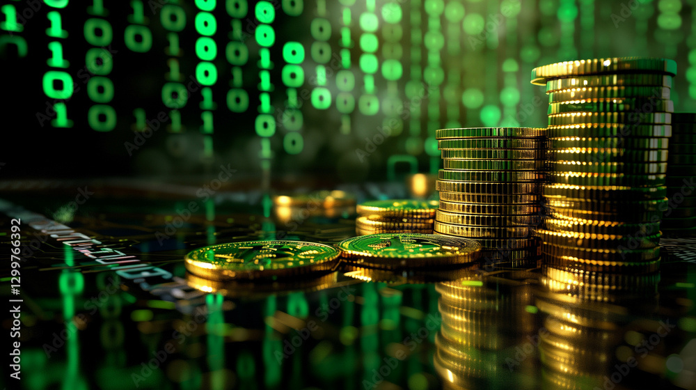 Stacks of golden cryptocurrency coins with digital matrix background ...