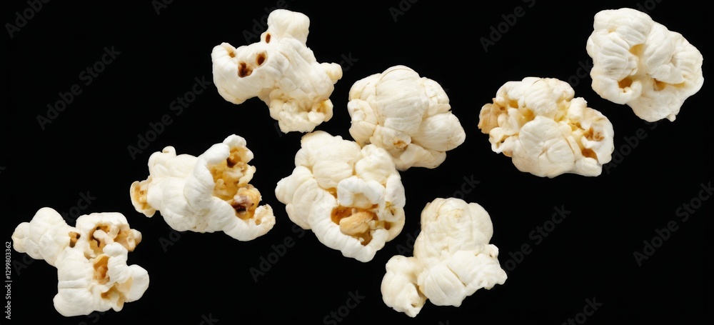 Group of Freshly Popped Popcorn on Black Background, Nine GoldenBrown ...