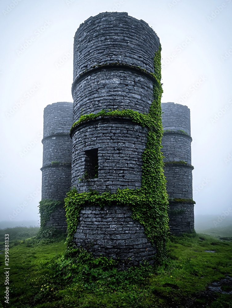 time-lapse fusion of a historic castle ruins, ivy creeping along ...