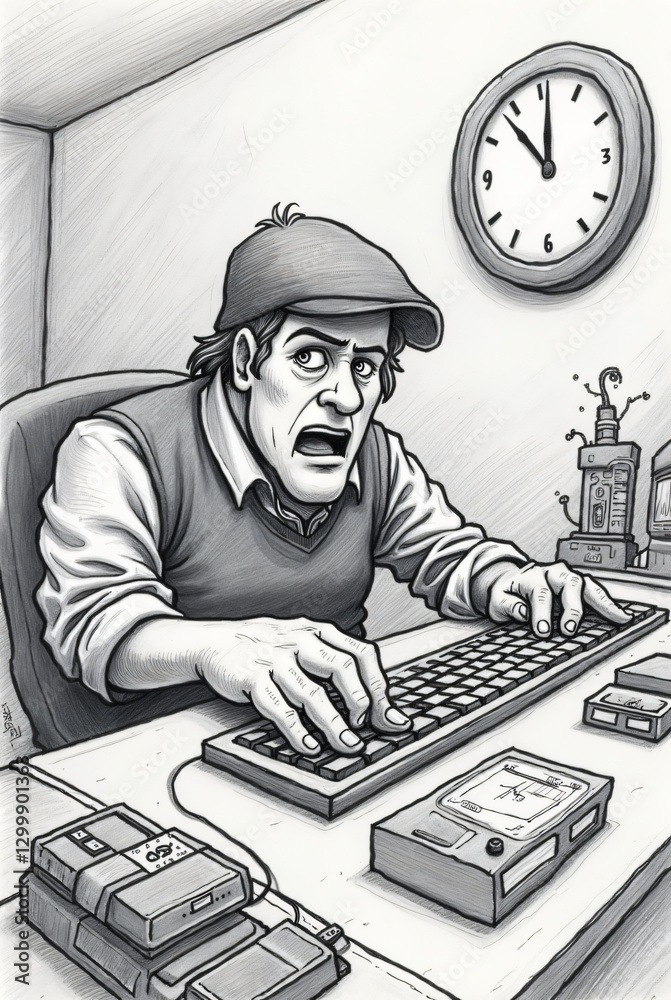 Cartoon of a programmer with huge hands typing code on a keyboard, with ...