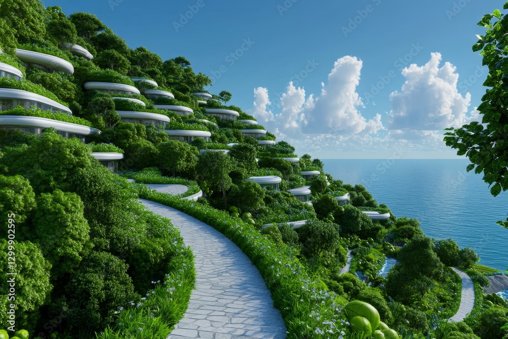 A futuristic 3D model of a peninsula featuring self-sustaining eco ...