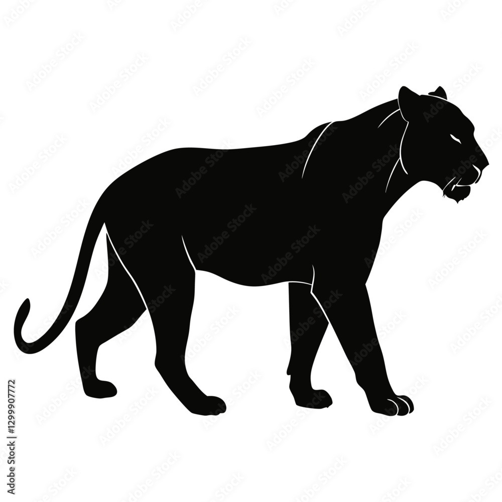 A high-contrast black silhouette of a tiger against a TRANSPARENT ...