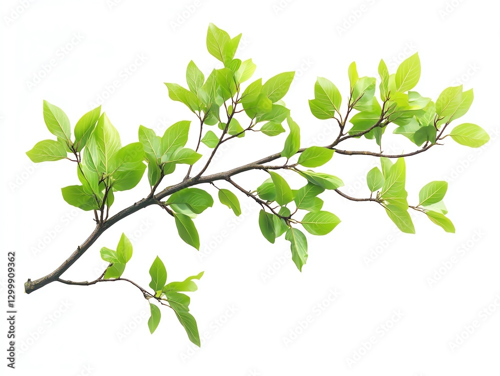 Vibrant green tree branch with dense leaves, isolated on stark white ...