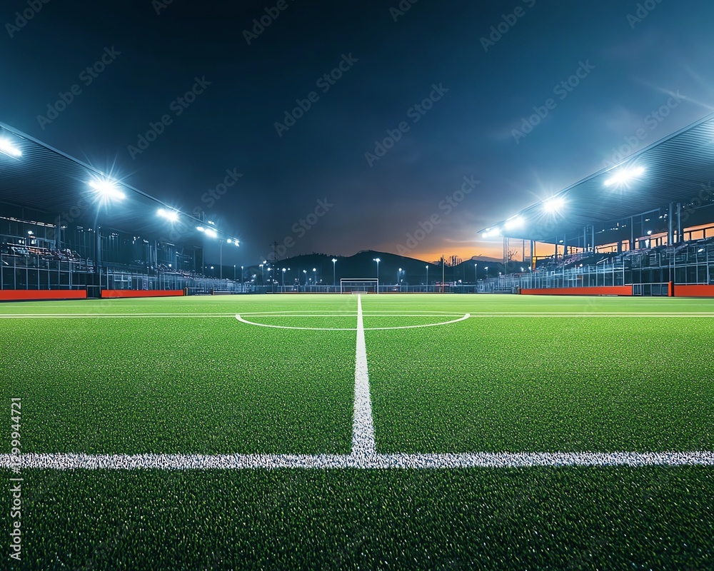 Empty football stadium field with powerful overhead lights, illuminated ...