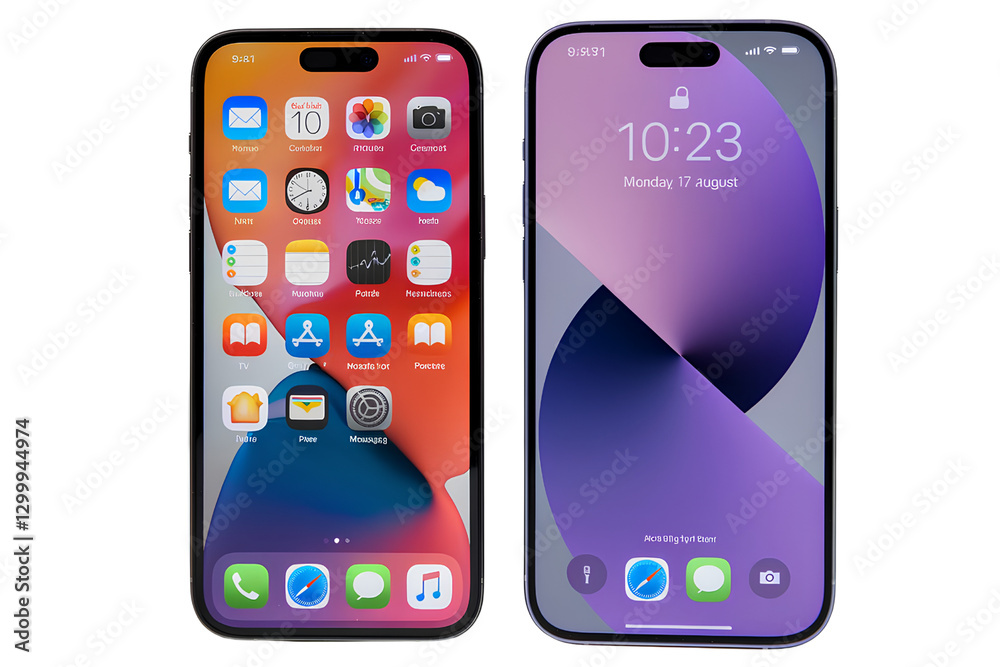 Two smartphone displays with app icons and time interface isolated on ...