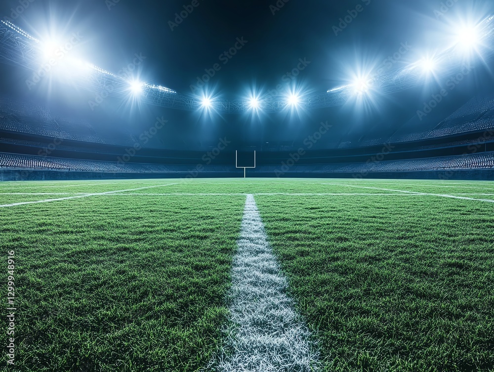 Football field at night with bright lights shining down, empty stands ...