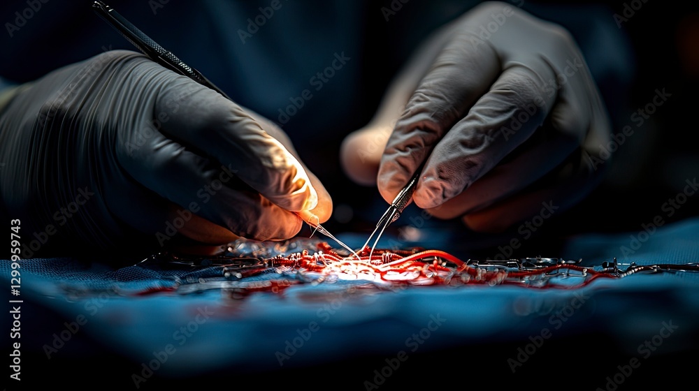 Microsurgeon's hands suturing blood vessels using 10-0 nylon sutures ...