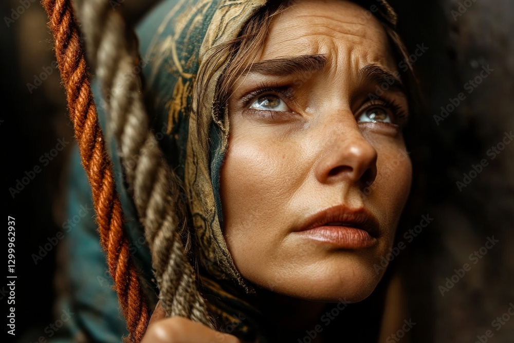 Rahab place a red cord out of her window, Bible story. Stock Photo ...