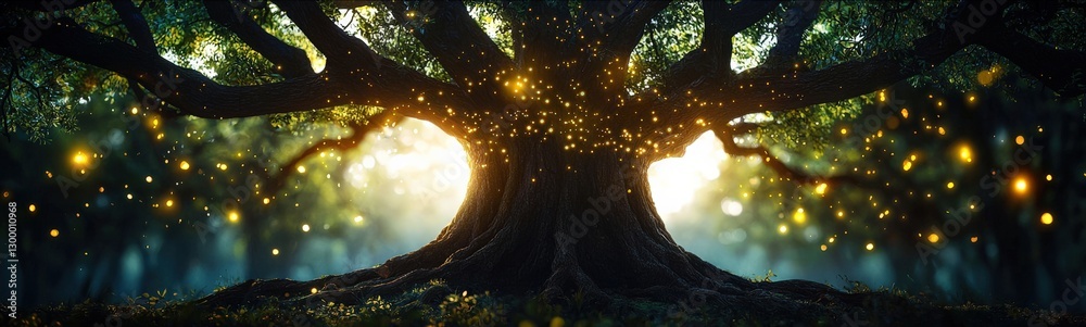 Giant tree with sprawling roots in an enchanted forest, glowing fireflies hovering around its ...