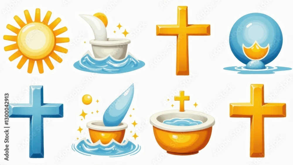 Various baptism symbols including crosses, water, and a sun ...