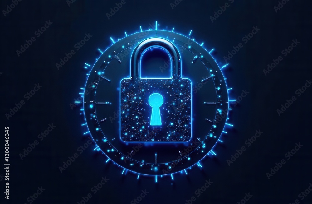 Glowing digital lock symbol on neon blue background representing cybersecurity and data ...
