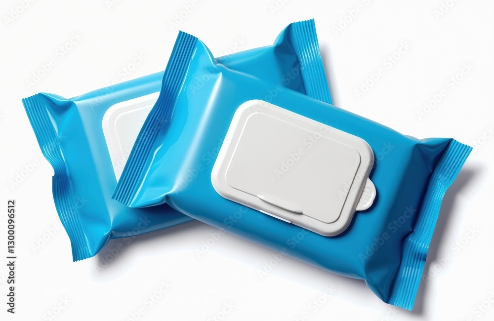 Two blue wet wipes packages isolated. Disposable soft moist hard ...