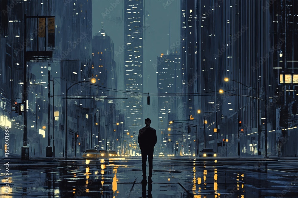 Solitary Figure at Night in a Rain Slick City Street Modern Urban ...