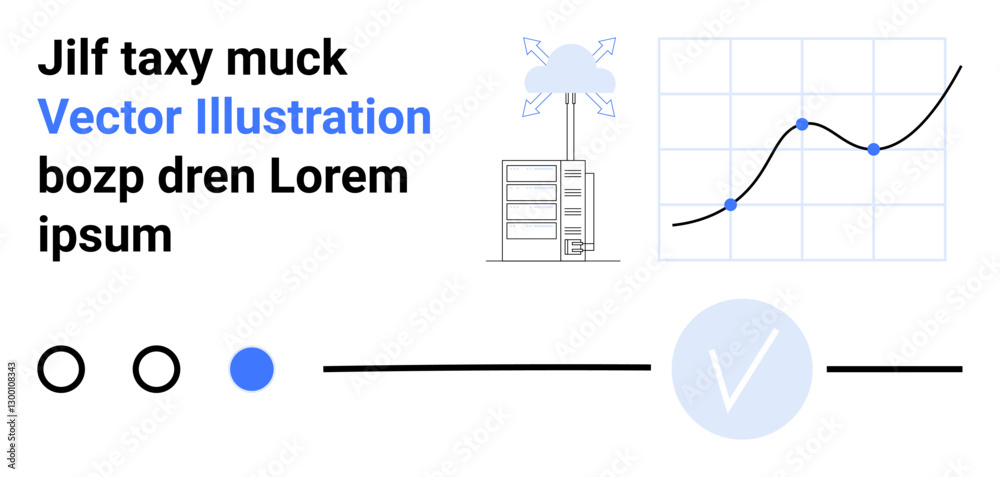 Graph with data points and trend line, server with arrows, check mark ...