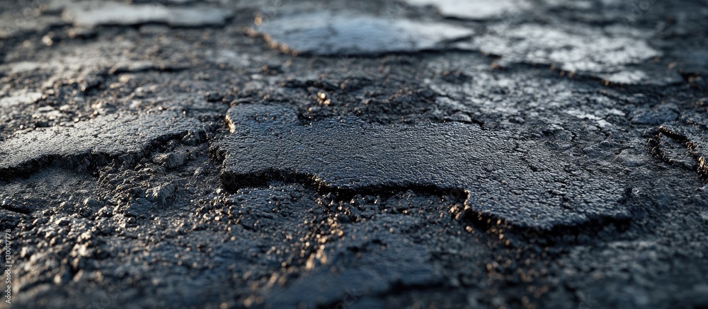Freshly applied blacktop on road surface with visible patches, deep ...