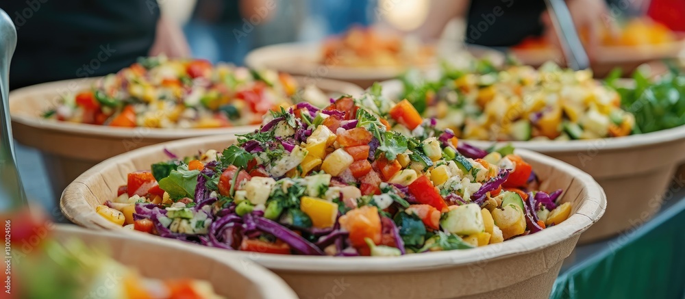 Vibrant assortment of vegetable salads in eco-friendly kraft paper ...