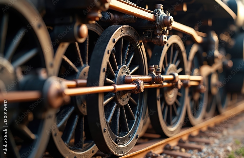 Close-up of vintage steam train wheels on track. Old locomotive with ...