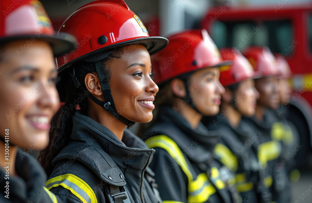 Line of smiling interracial women in firefighter uniform, fire truck on ...