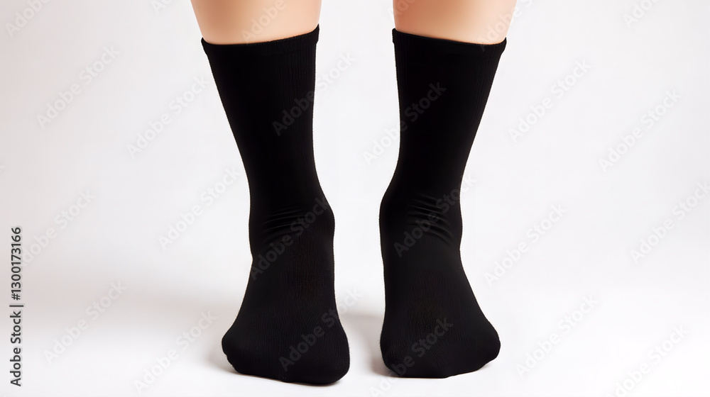 Mockup of plain black cotton socks worn by model's feet, white ...