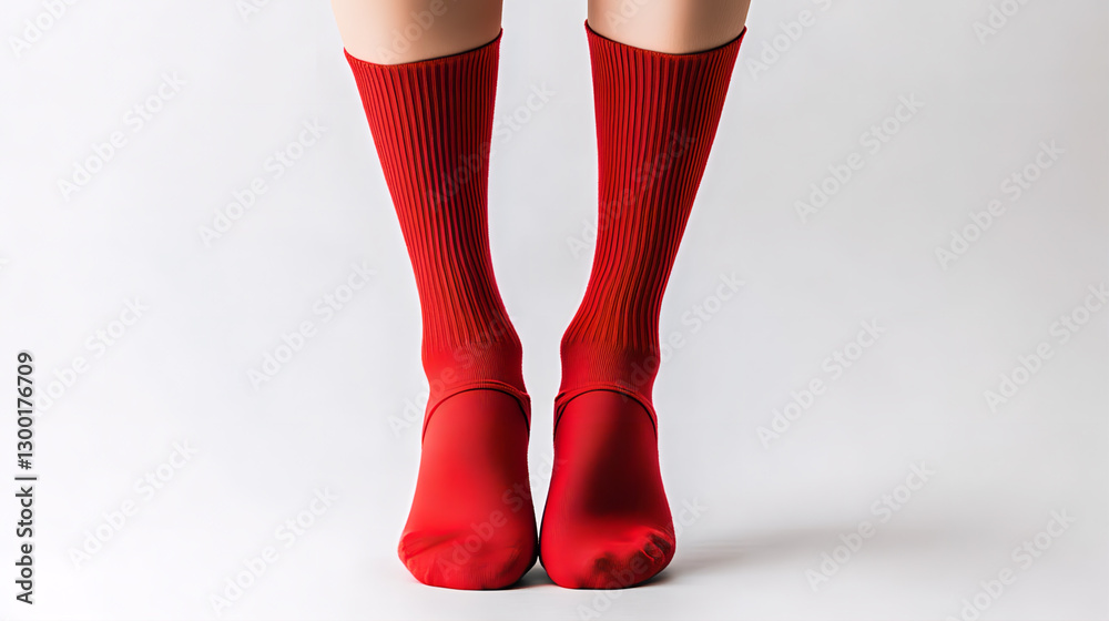 Mockup of plain red cotton socks worn by model's feet, white background ...